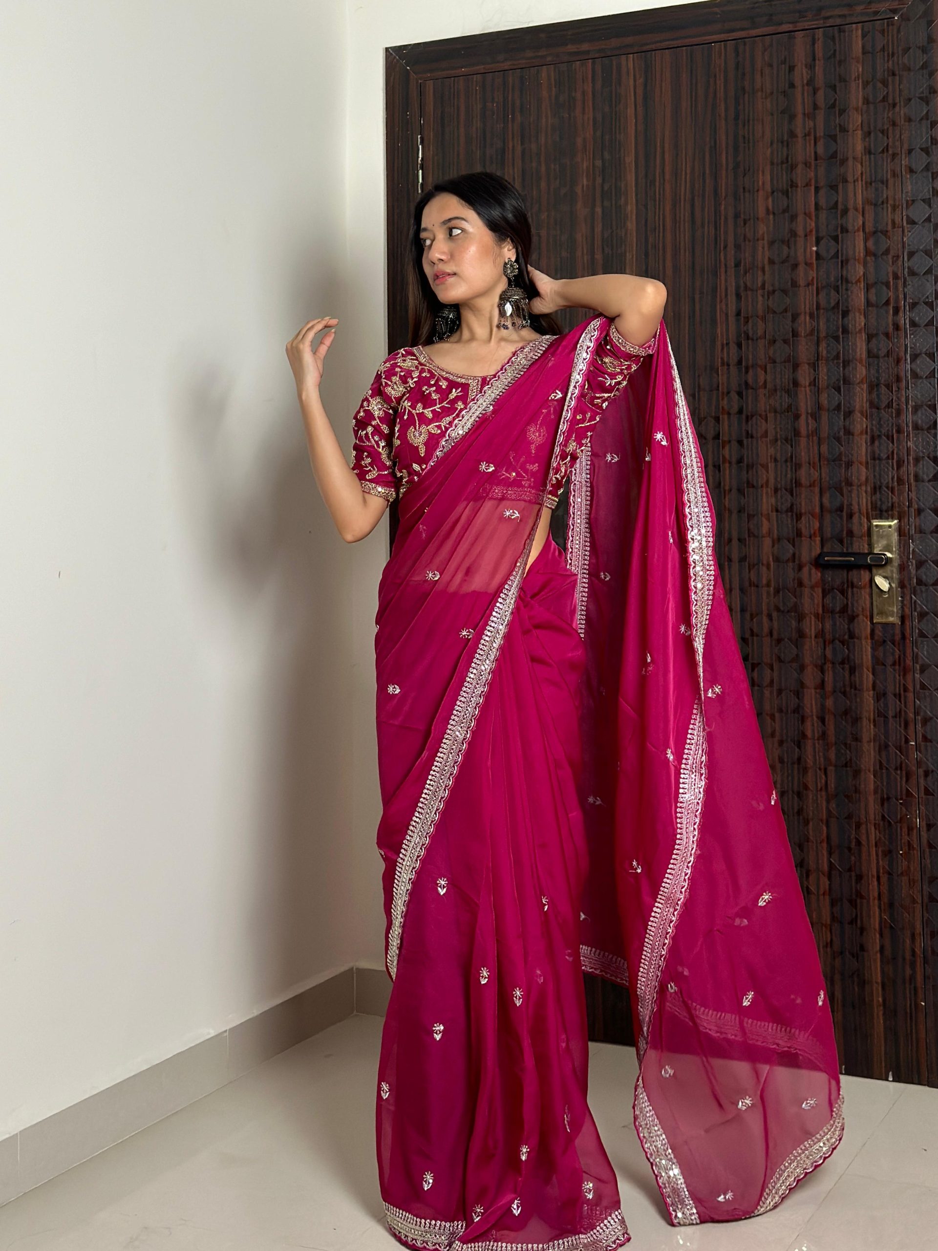 Dazzling Pink Color Pure Soft Organza Embroidery Zari Saree