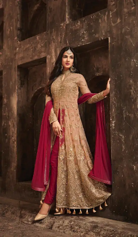 Stylish Golden Red Color Heavy Net Embroidery Salwar Suit